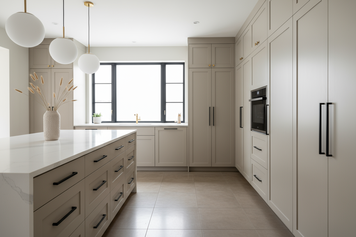 Sherwin Williams Balanced Beige (SW 7037) Kitchen Cabinets – Shaker, Slim Shaker, Raised, Slab ...